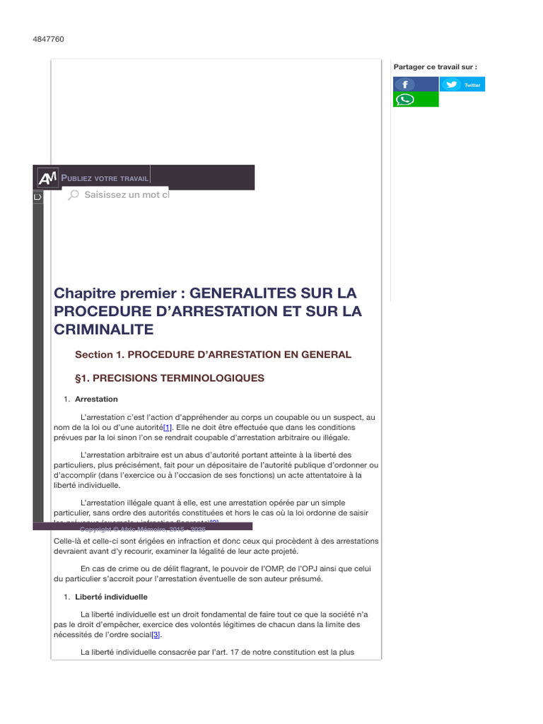 Chapitre Premier - Generalites Sur La Procedure D'arrestation Et Sur La ...