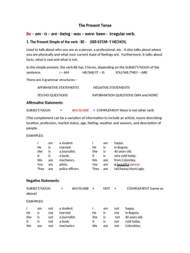 Simple Present of the Verb Be - Explanation and Exercises. | PDF