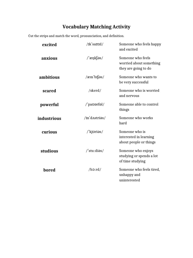 Vocabulary Matching Activity | PDF