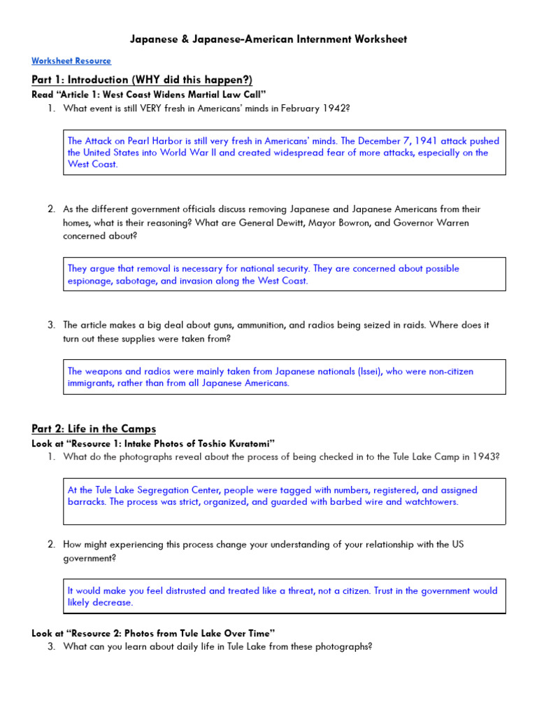 Japanese & Japanese-American Internment Worksheet | PDF