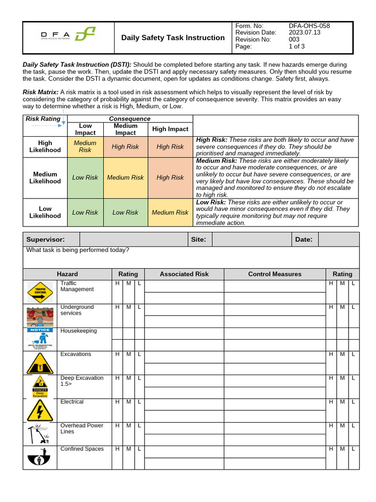 DFA-OHS-058 Daily Risk Assessment_Rev004 20230713 | PDF | Risk | Hazards