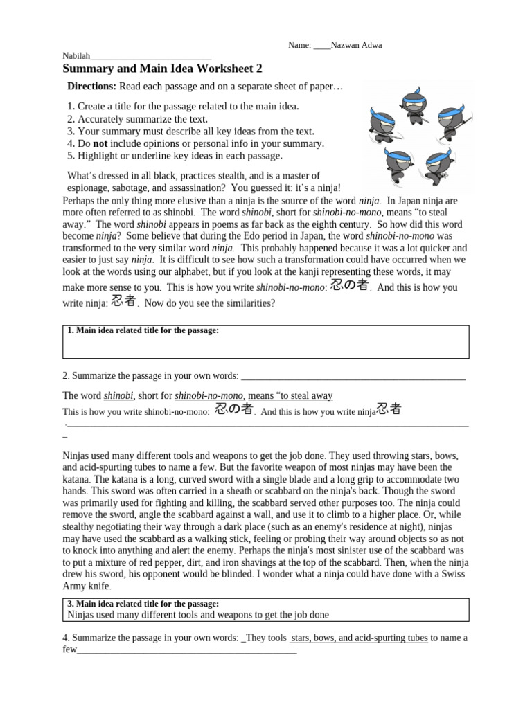 Summary and Main Idea Worksheet 2 | PDF