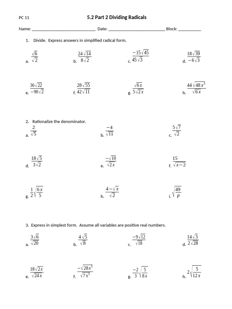 5.2 Part 2 Dividing Radicals Worksheet0 | PDF