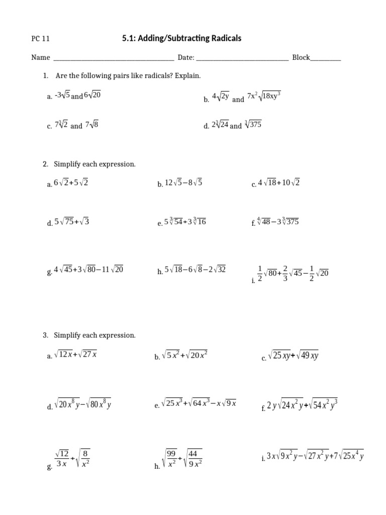 5.1 Part 2 Adding and Subtracting Radicals Worksheet | PDF | Chess ...
