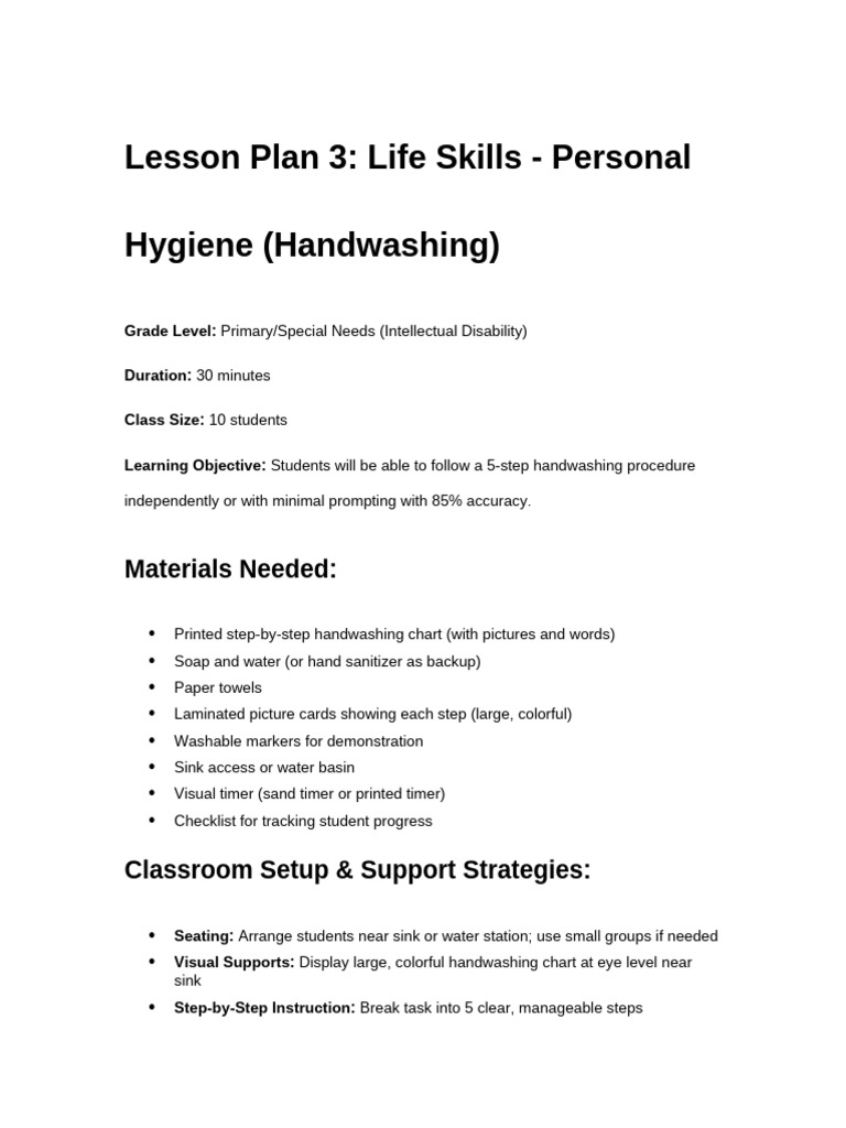 Lesson Plan 3_ Life Skills - Personal Hygiene (Handwashing) | PDF ...