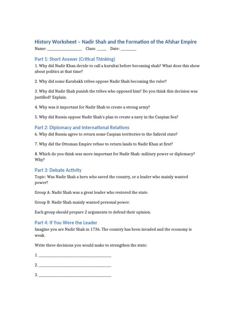 Nadir Shah History Worksheet | PDF