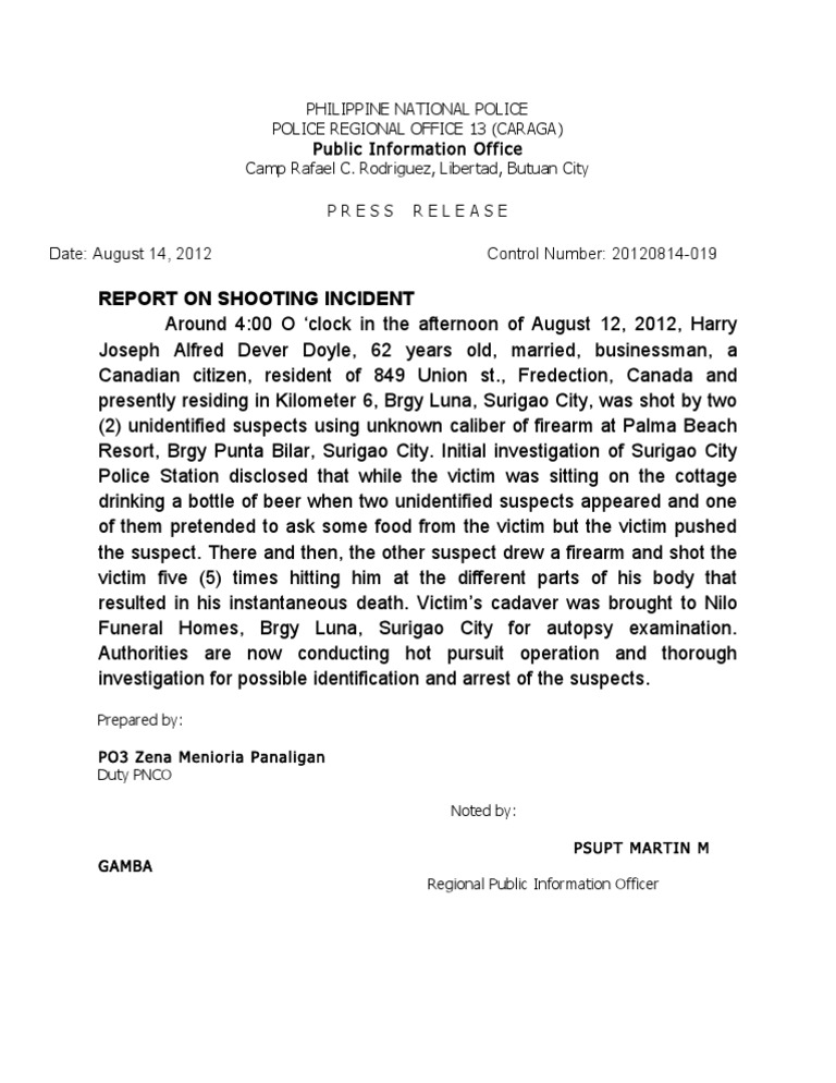 Philippine National Police - Shooting of Harry Doyle | PDF