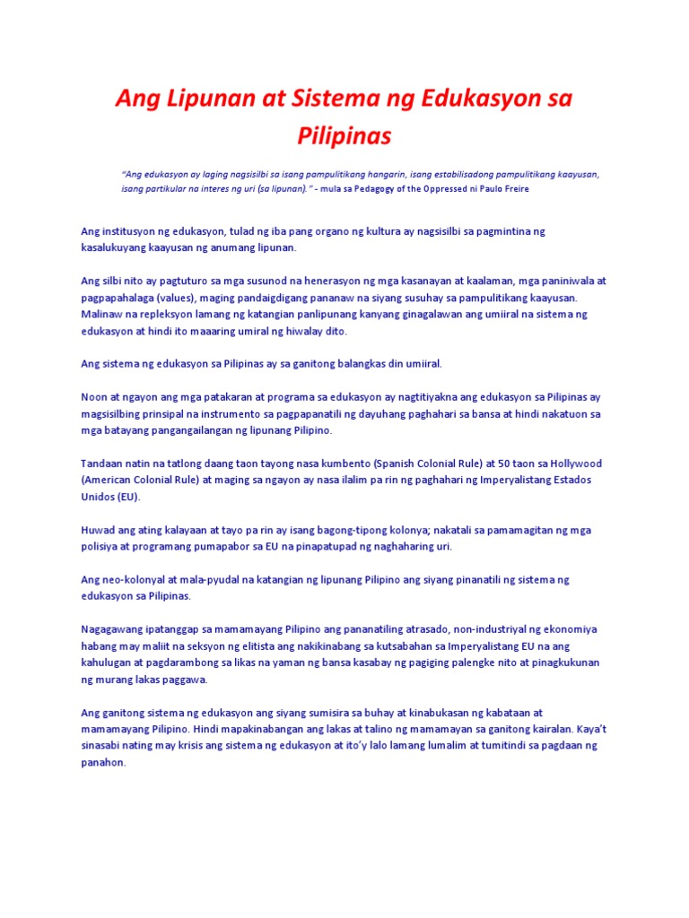 Ang Lipunan at Sistema NG Edukasyon Sa Pilipinas | PDF