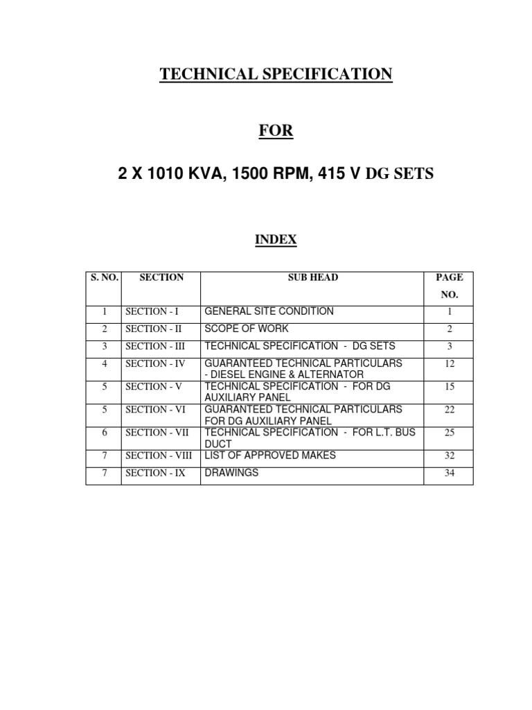 1010 KVA DG Set Technical Specifications | PDF | Electrical Wiring ...