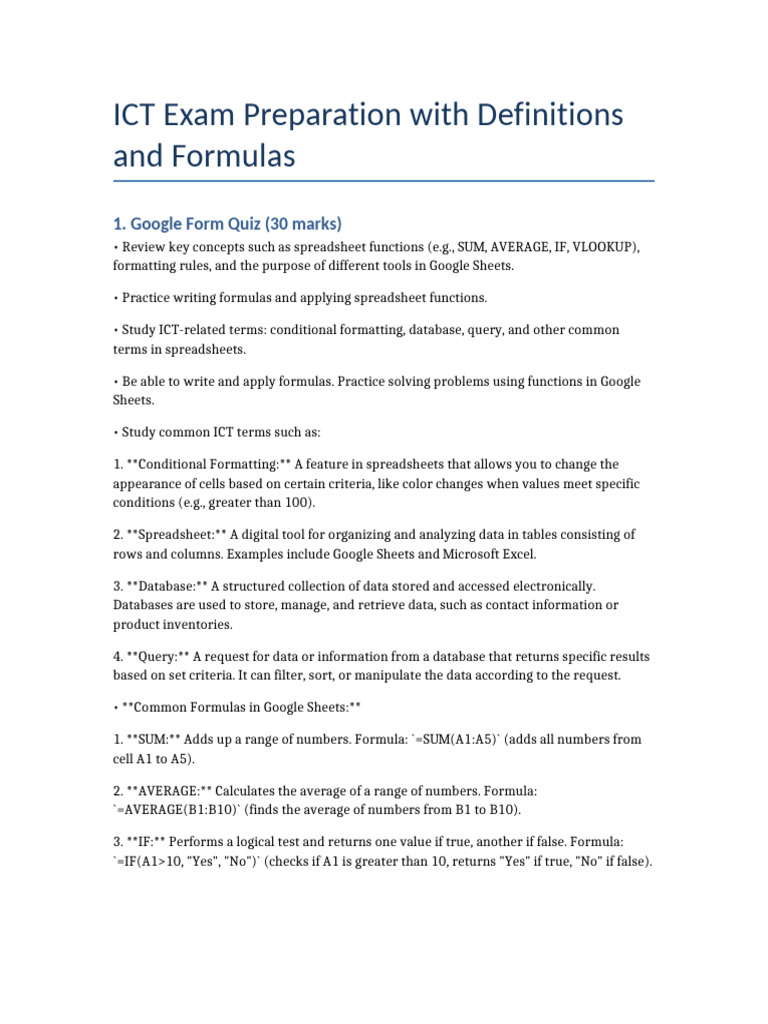 ICT Exam Preparation With Definitions and Formulas | PDF | Spreadsheet ...