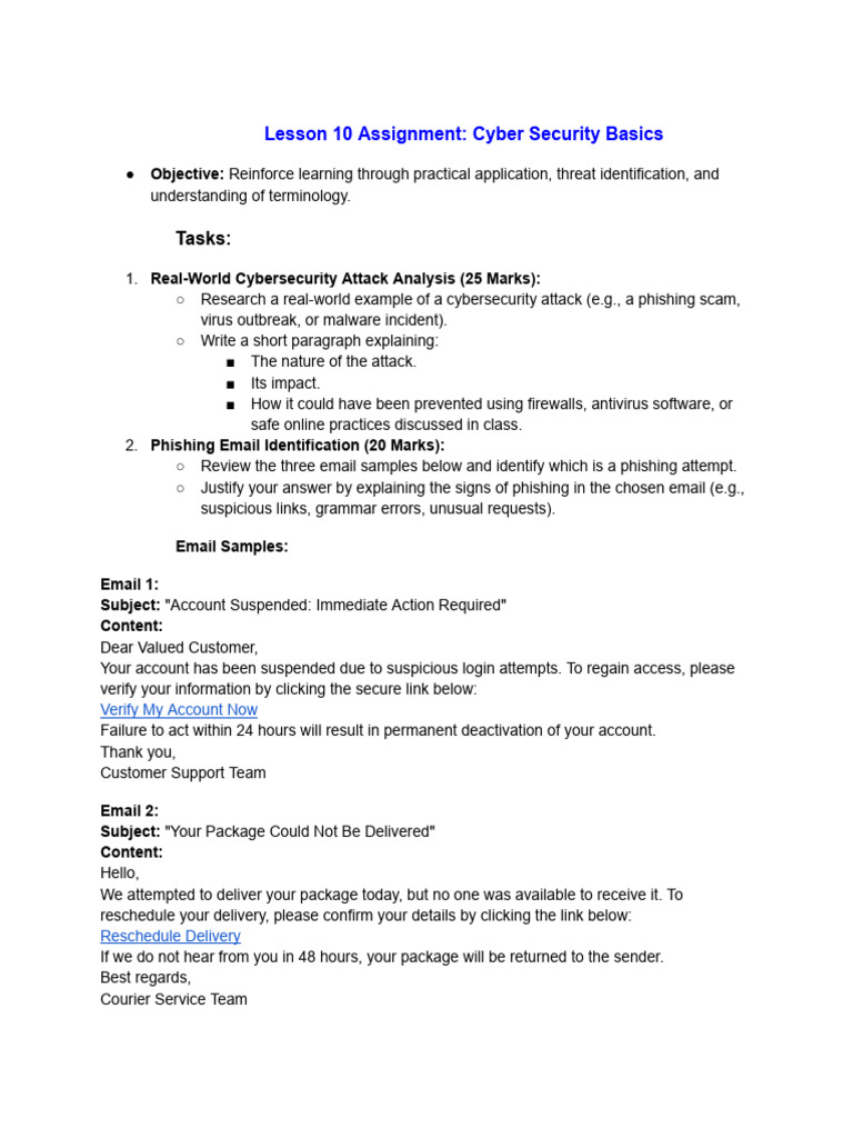 Lesson 20 Assignment Cyber Security Basics Pdf Security Computer 5244