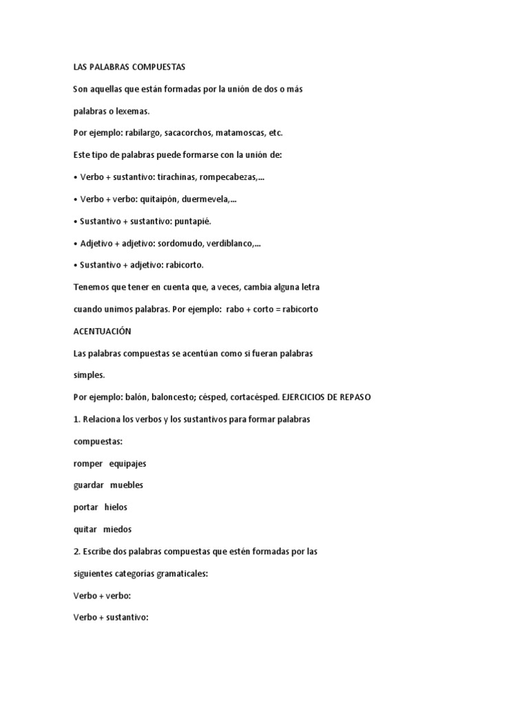 Las Palabras Compuestas | PDF | Artes del Lenguaje y Comunicación ...