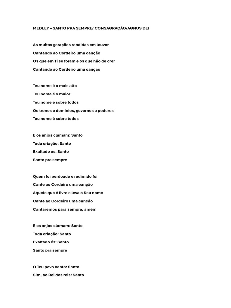 Medley - Santo Pra Sempre - Consagração-Agnus Dei | PDF