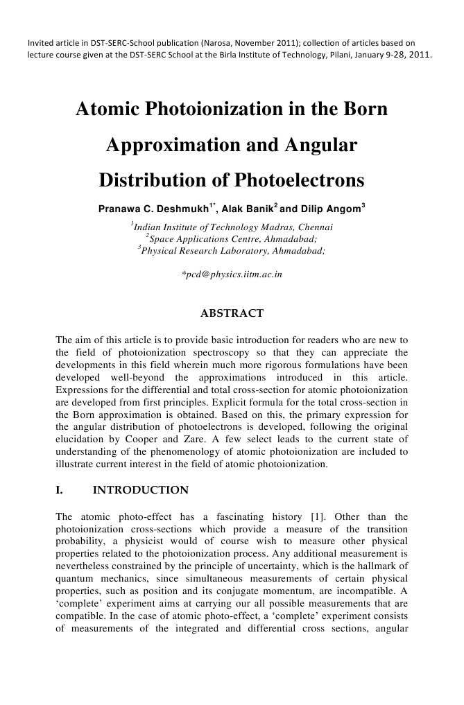 Atomic Photoionization in The Born Approximation and Angular Distribution of Photoelectrons ...