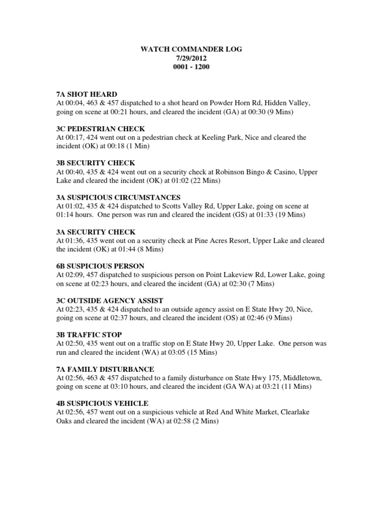 Lake County Sheriff's Watch Commander Logs | PDF | Crime & Violence ...