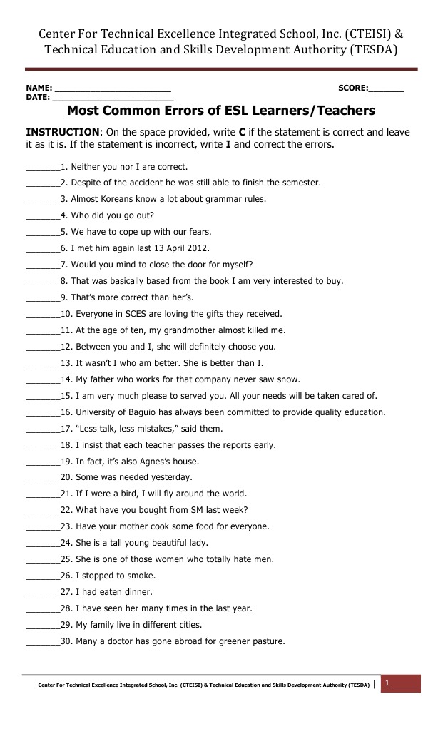 Common Errors of ESL Learners and Teachers | PDF