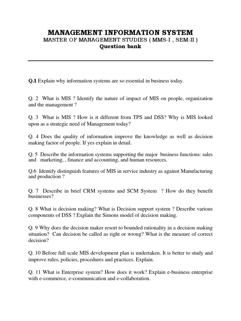 MIS Question Bank | PDF | Management Information System | Information ...