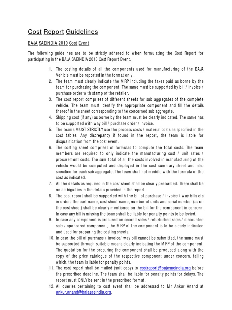 Guidelines for Preparing an Accurate Cost Report for the BAJA SAEINDIA ...