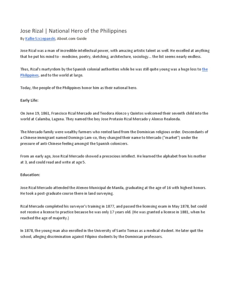 Jose Rizal's Biography Summary | PDF | Philippines