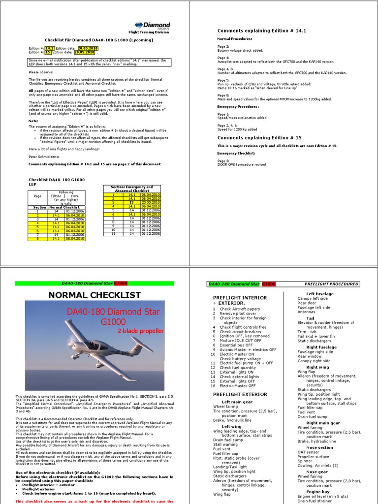 DA40 180 G1000 Checklist Edition 15 A5 | Aircraft Flight Control System ...