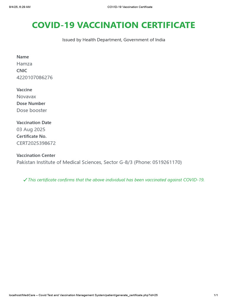 COVID-19 Vaccination Certificate | PDF