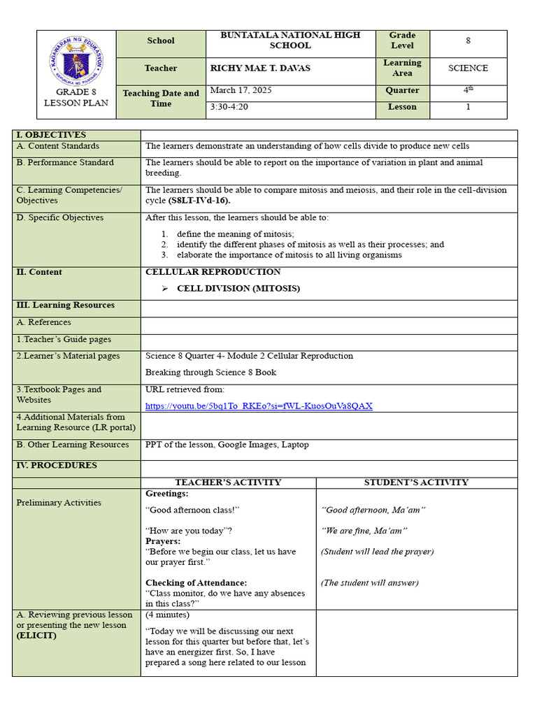 Detailed LESSON-PLAN-MITOSIS-DEMO-TEACHING | PDF | Mitosis | Meiosis
