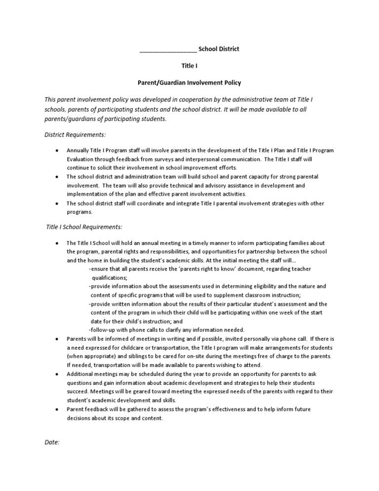 Title 1 Parent Involvement Policy Template | PDF | Elementary And ...