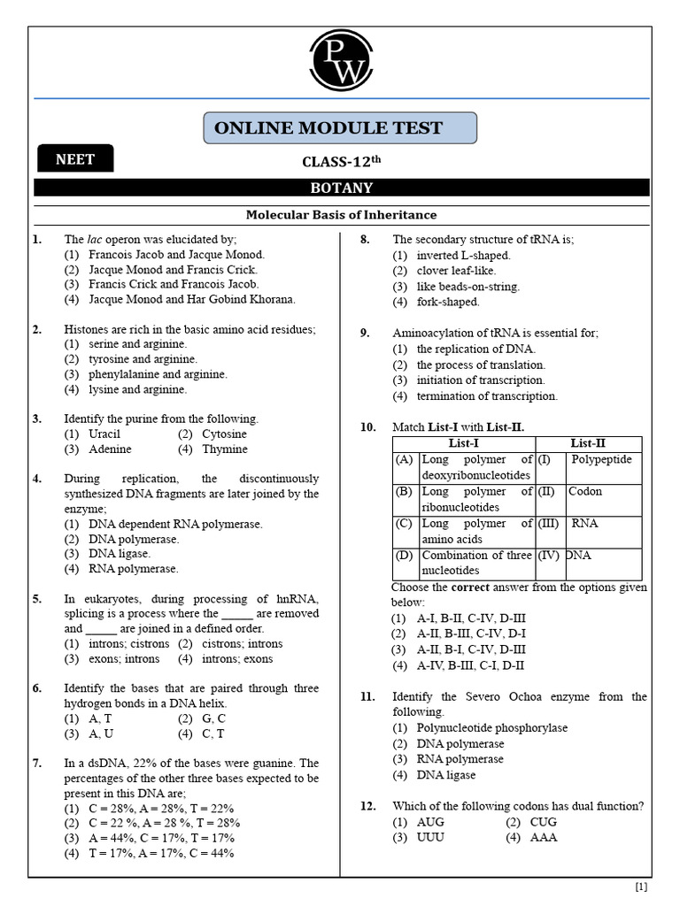 Molecular Basis of Inheritance_test | PDF | Dna | Gene