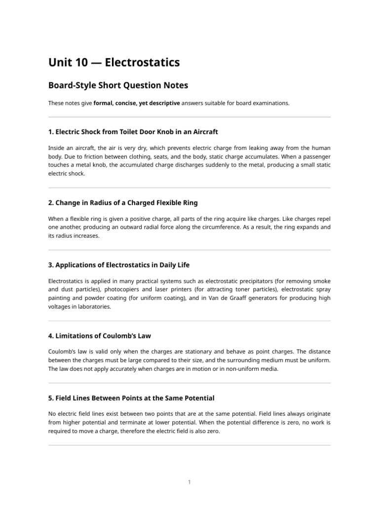 Electrostatics Short Question Notes | PDF | Electric Field | Electric ...