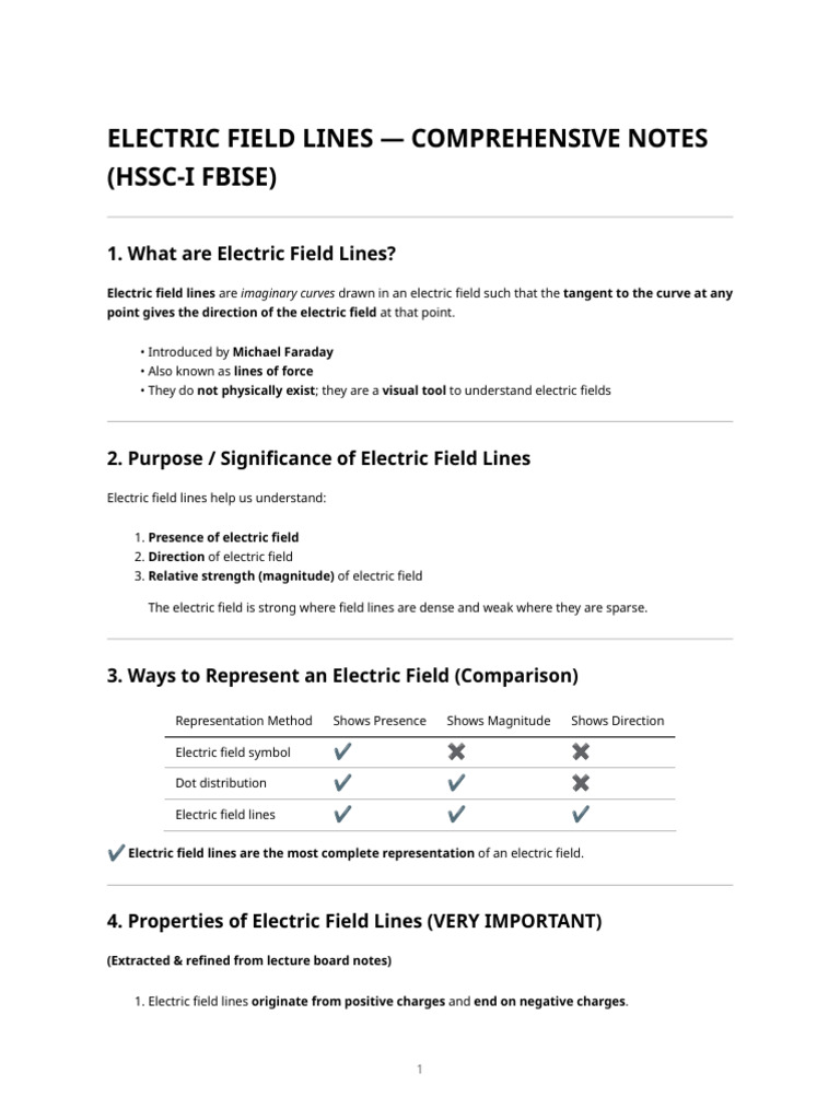 Electric Field Lines — Comprehensive Notes (Hssc-i) | PDF | Electric ...