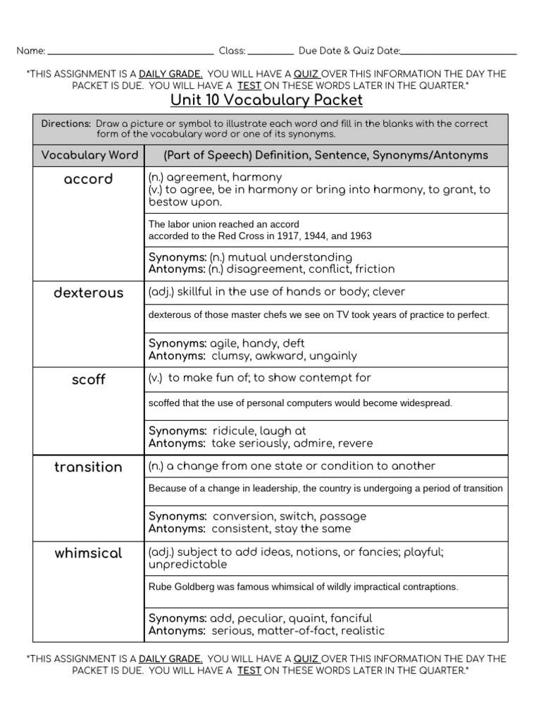 Filled Unit 10 Vocabulary Packet | PDF | Linguistics | Grammar