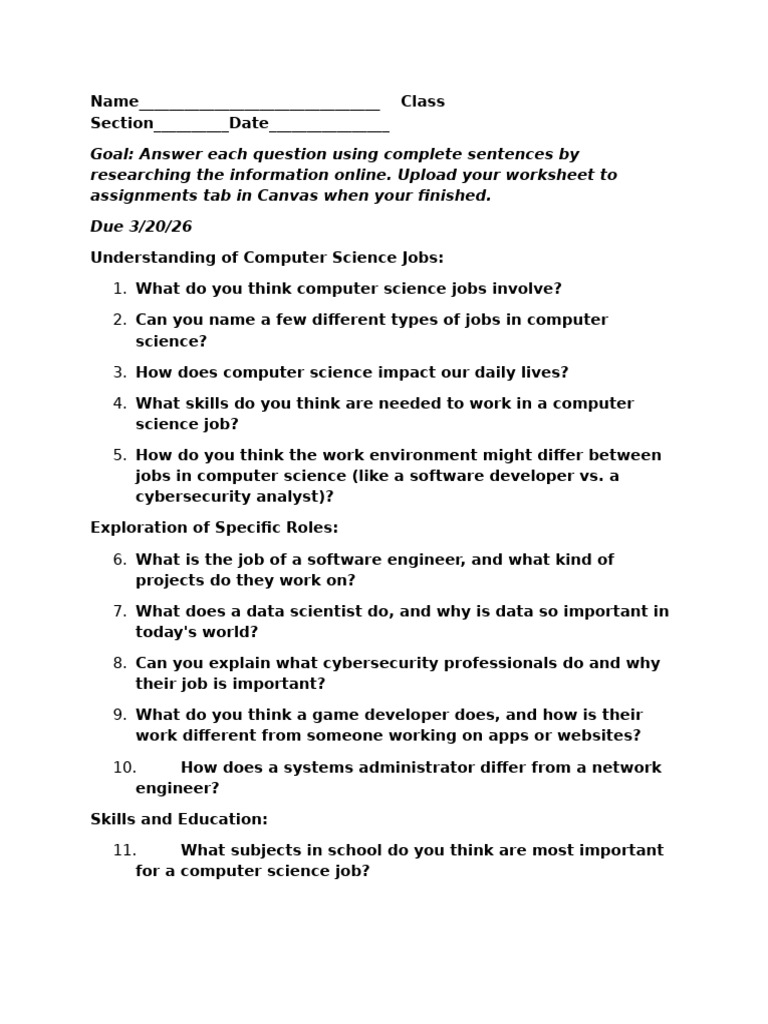 Computer Science Careers Worksheet 8th Grade | PDF | Computer Science ...