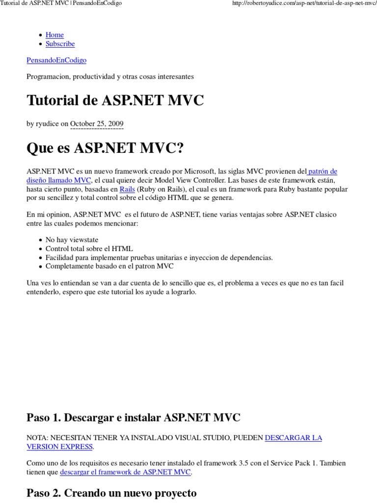 Tutorial de ASP - Net MVC - PensandoEnCodigo | PDF | Páginas del servidor activo | Modelo ...