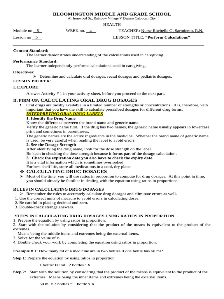 E- Lesson Plan in Drug Calculation | PDF | Litre | Dose (Biochemistry)