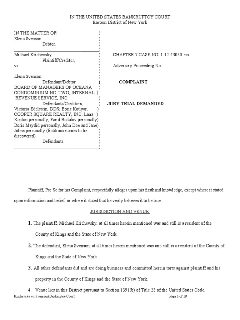 Complaint - Adversary Proceeding | Refinancing | Lease