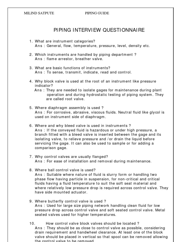 3) Piping Interview Questionnaire | PDF | Valve | Pressure Measurement
