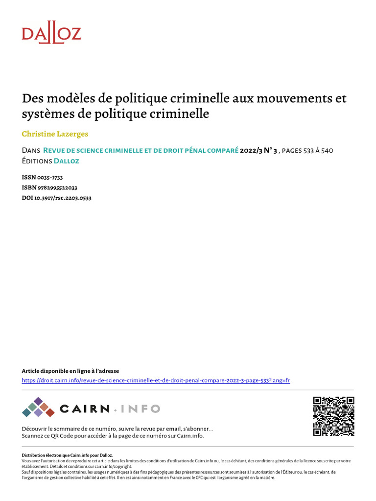 Des Modèles de Politique Criminelle Aux Mouvements Et Systèmes de ...
