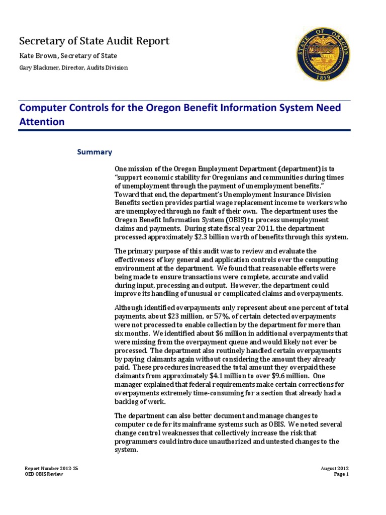 Secretary of State Audit Report | PDF | Unemployment Benefits | Audit