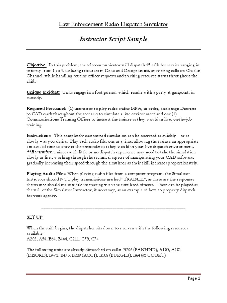Instructor Script Sample: Law Enforcement Radio Dispatch Simulator ...