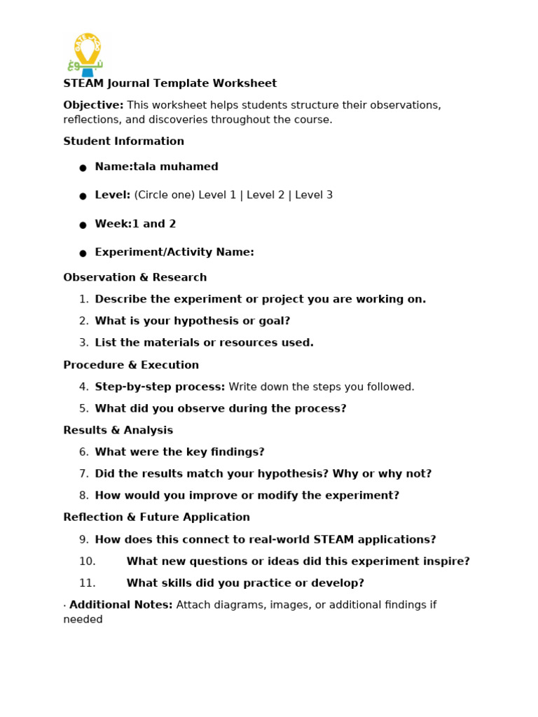 STEAM Journal Template Worksheet 2 | PDF