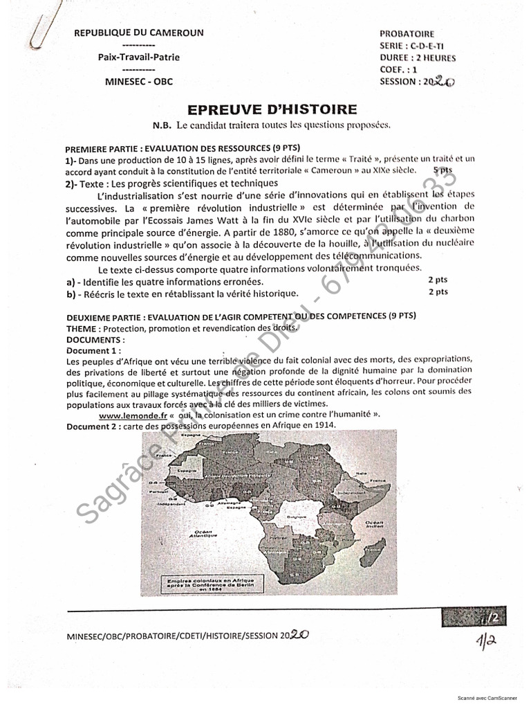 Sagrâce _ Histoire _ Probatoire C-D-TI _ 2020-2025-1 | PDF