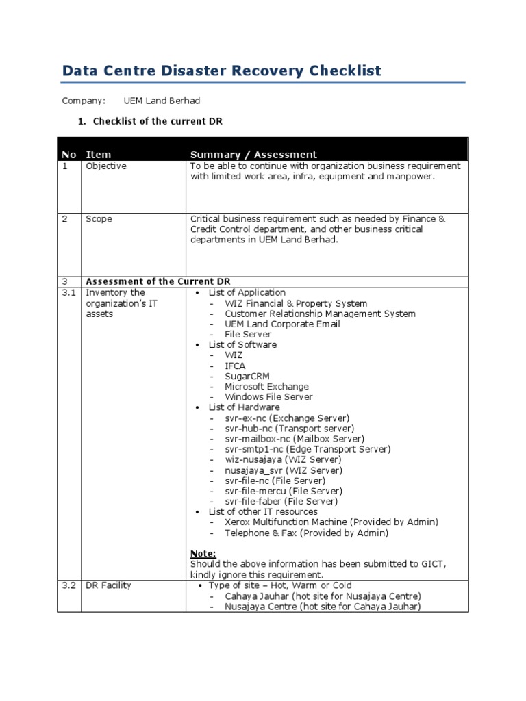 Data Centre Disaster Recovery Checklist | PDF | Data Center | Microsoft ...