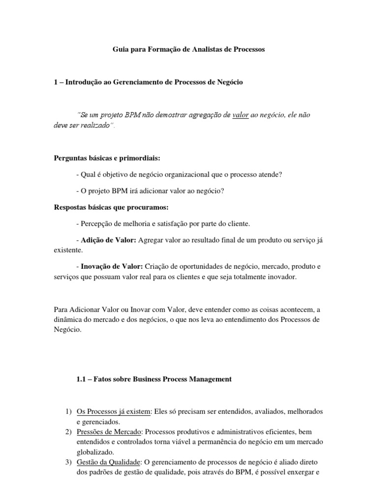 Guia Para Formação De Analistas De Processos Resumo Processo De