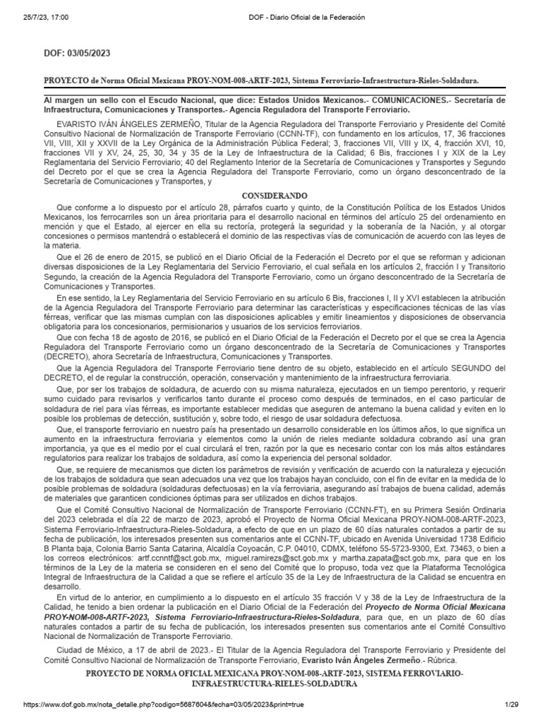 PROYECTO de Norma Oficial Mexicana PROY NOM 008 ARTF 2023, Sistema ...