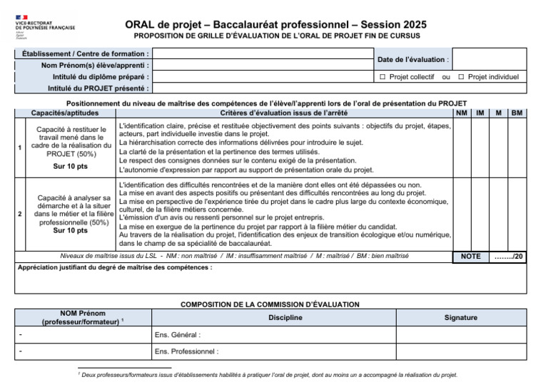 Oral Du Projet en BAC PRO - Grille Evaluation Oral 2025 | PDF | Master ...