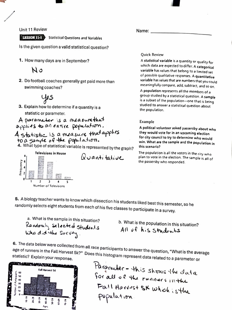 Unit 11 Review Answer Key | PDF | Skewness | Statistics