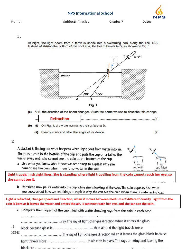 Grade 7 Physics Worksheet 11 Answer | PDF