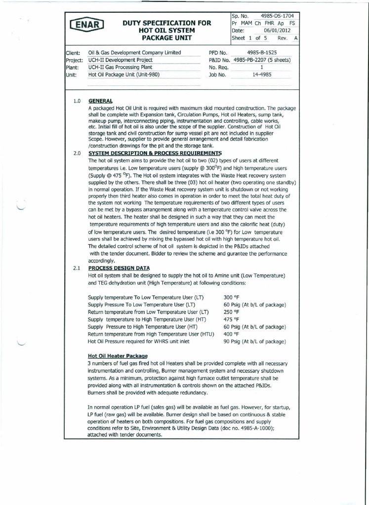 Hot Oil Package Unit Design Specification | PDF | Hvac | Flow Measurement
