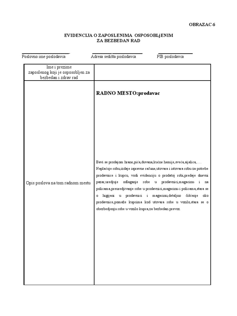 RADNO MESTO:prodavac: Evidencija O Zaposlenima Osposobljenim Za ...