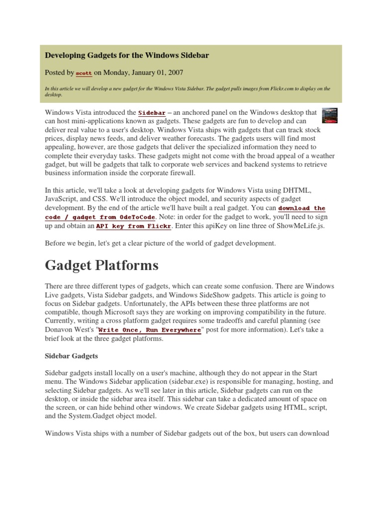 Developing Gadgets For The Windows Sidebar | PDF | Html Element | Computer File